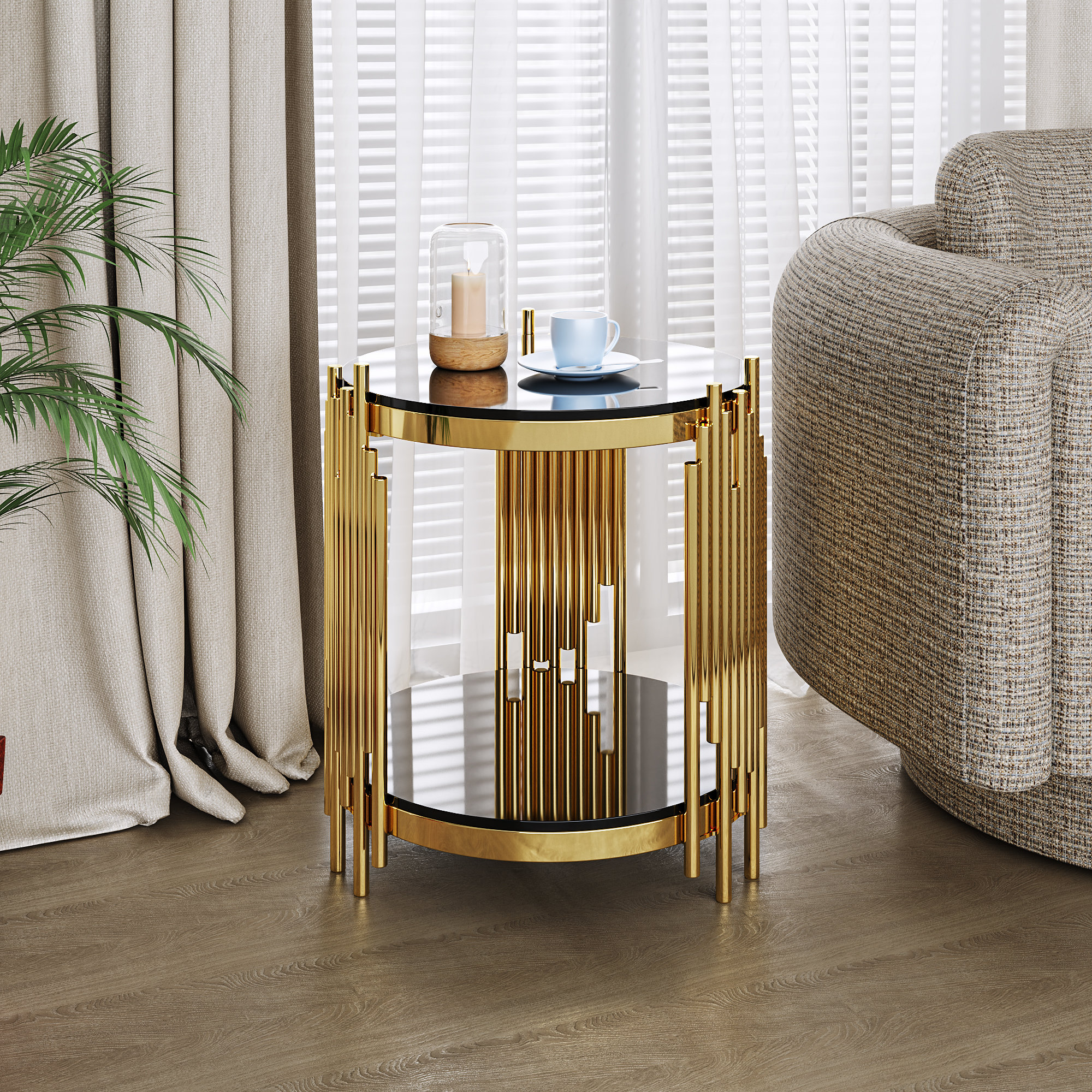 Mercer41 18" Round Double Layer Black Tempered Glass Side Table with Gold Stainless Steel Base ...